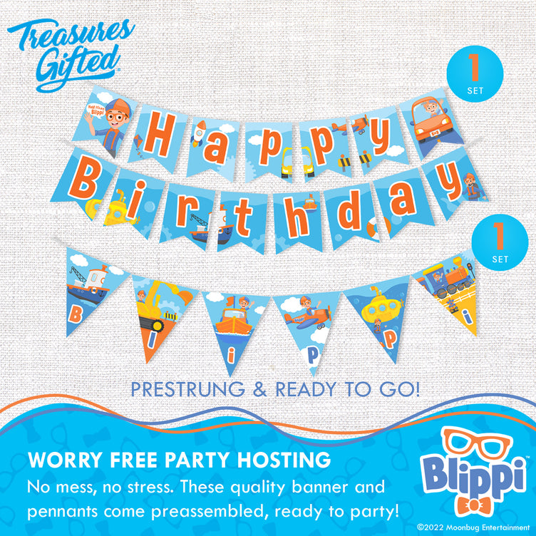 Blippi Birthday Banner & Pennants Kit Vehicle - Blippi Party Supplies ...