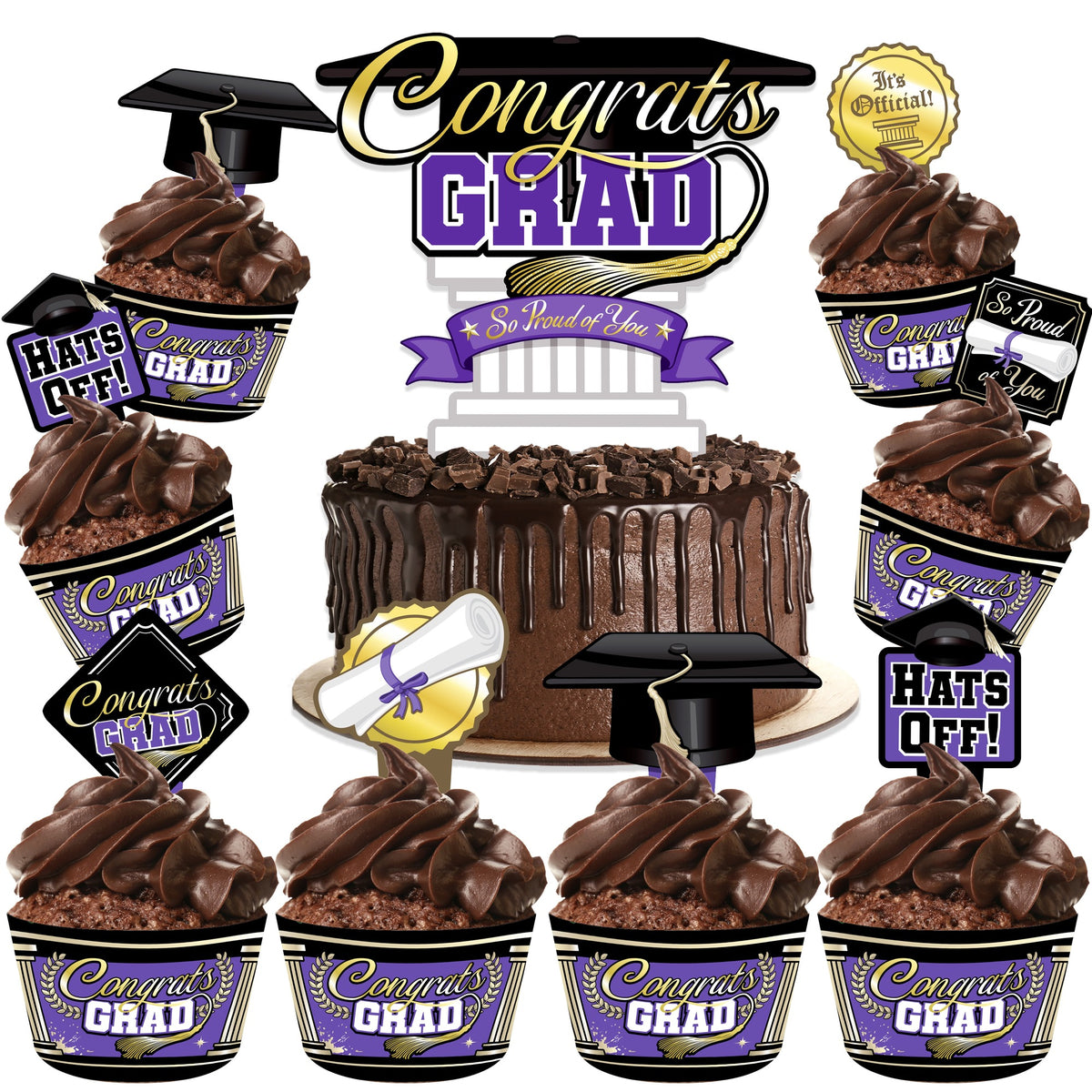 Purple Graduation Cake Topper & Purple Graduation Cupcake Toppers Kit ...