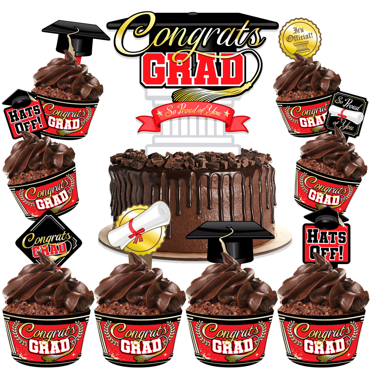 Red Graduation Cake Topper & Red Graduation Cupcake Toppers Kit ...
