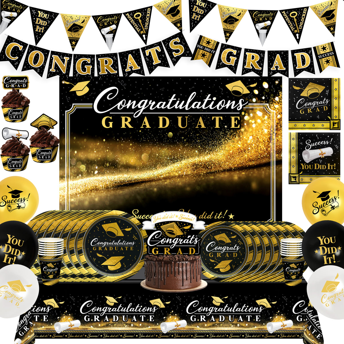 Gold Graduation Party Supplies Ultimate Set for 16 Guests – Treasures ...